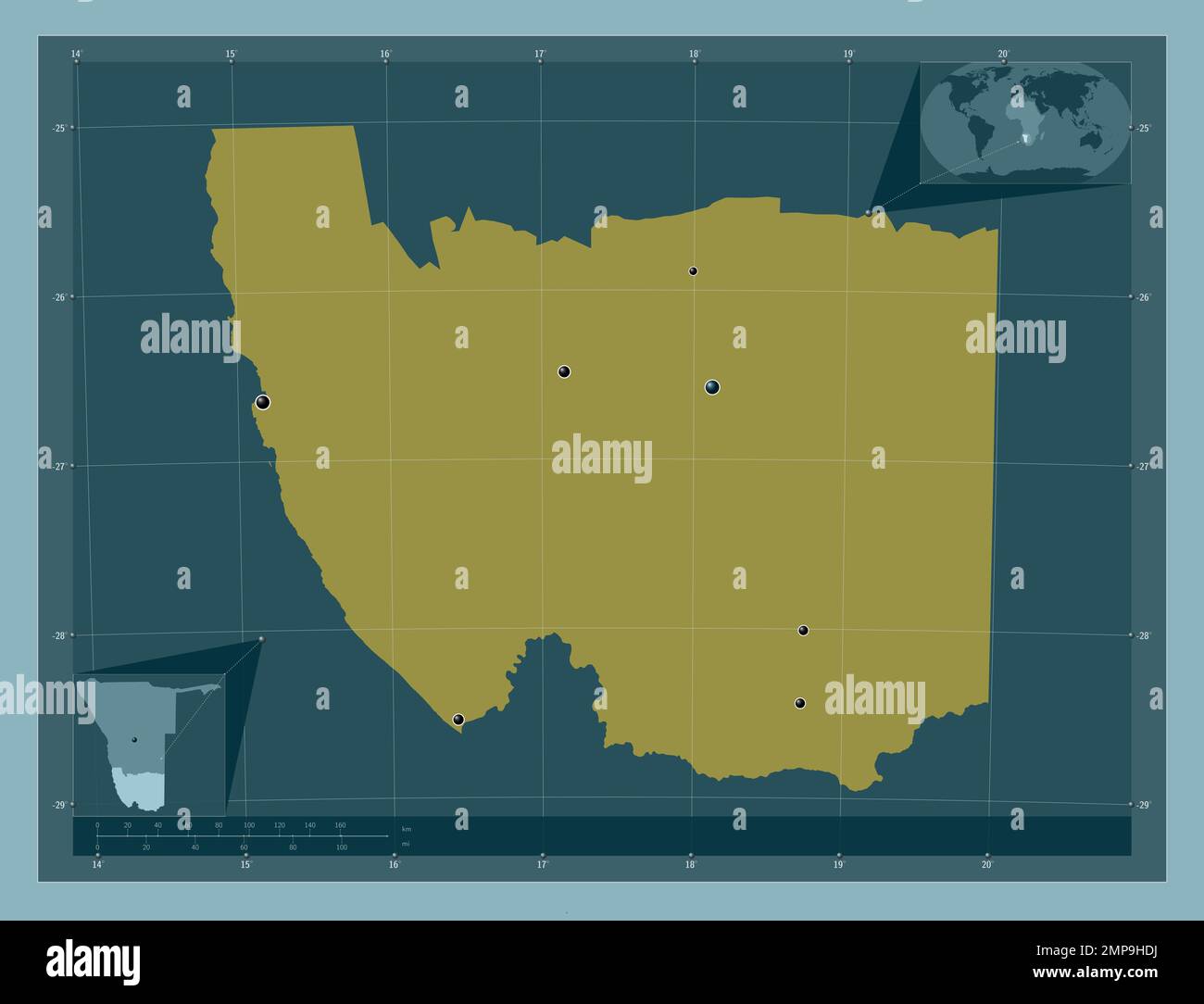 !Karas, region of Namibia. Solid color shape. Locations of major cities ...