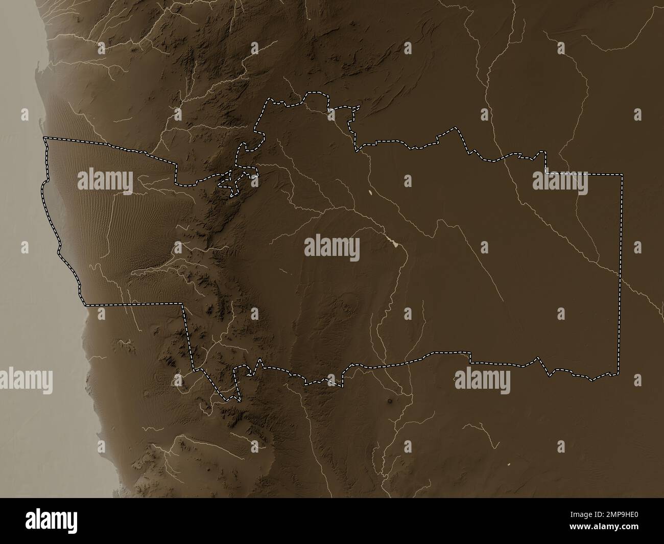 Hardap, region of Namibia. Elevation map colored in sepia tones with ...