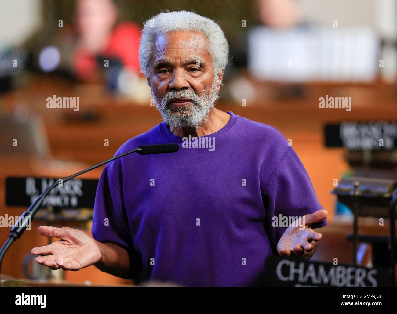 Neb. State Sen. Ernie Chambers of Omaha speaks during debate, Monday ...