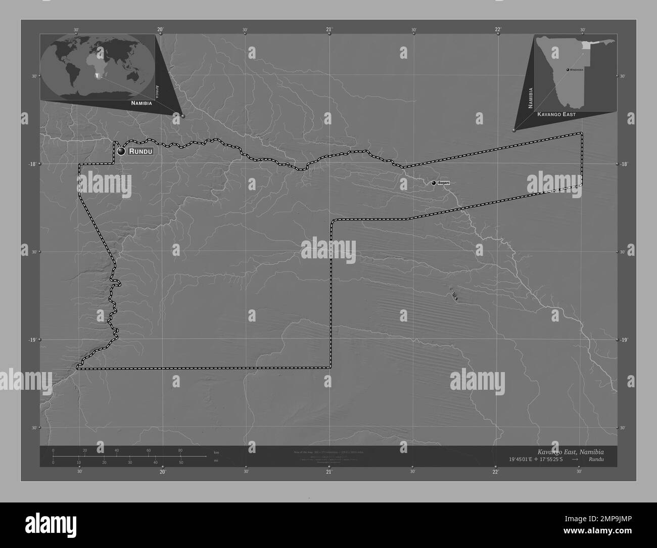 Kavango East, region of Namibia. Bilevel elevation map with lakes and ...