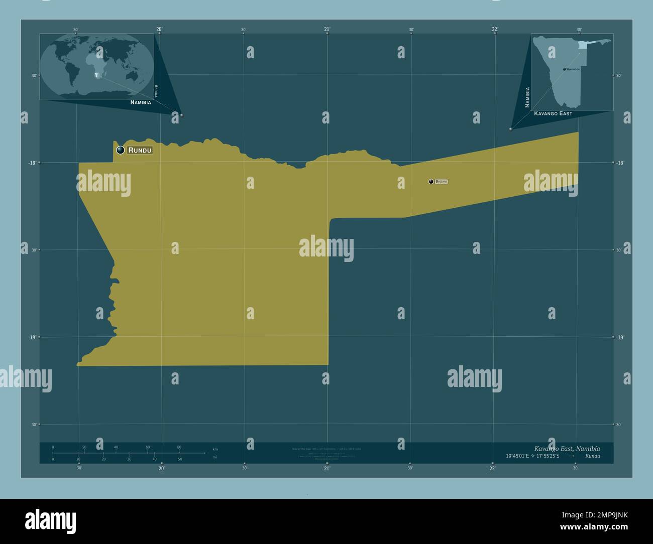 Kavango East, region of Namibia. Solid color shape. Locations and names ...
