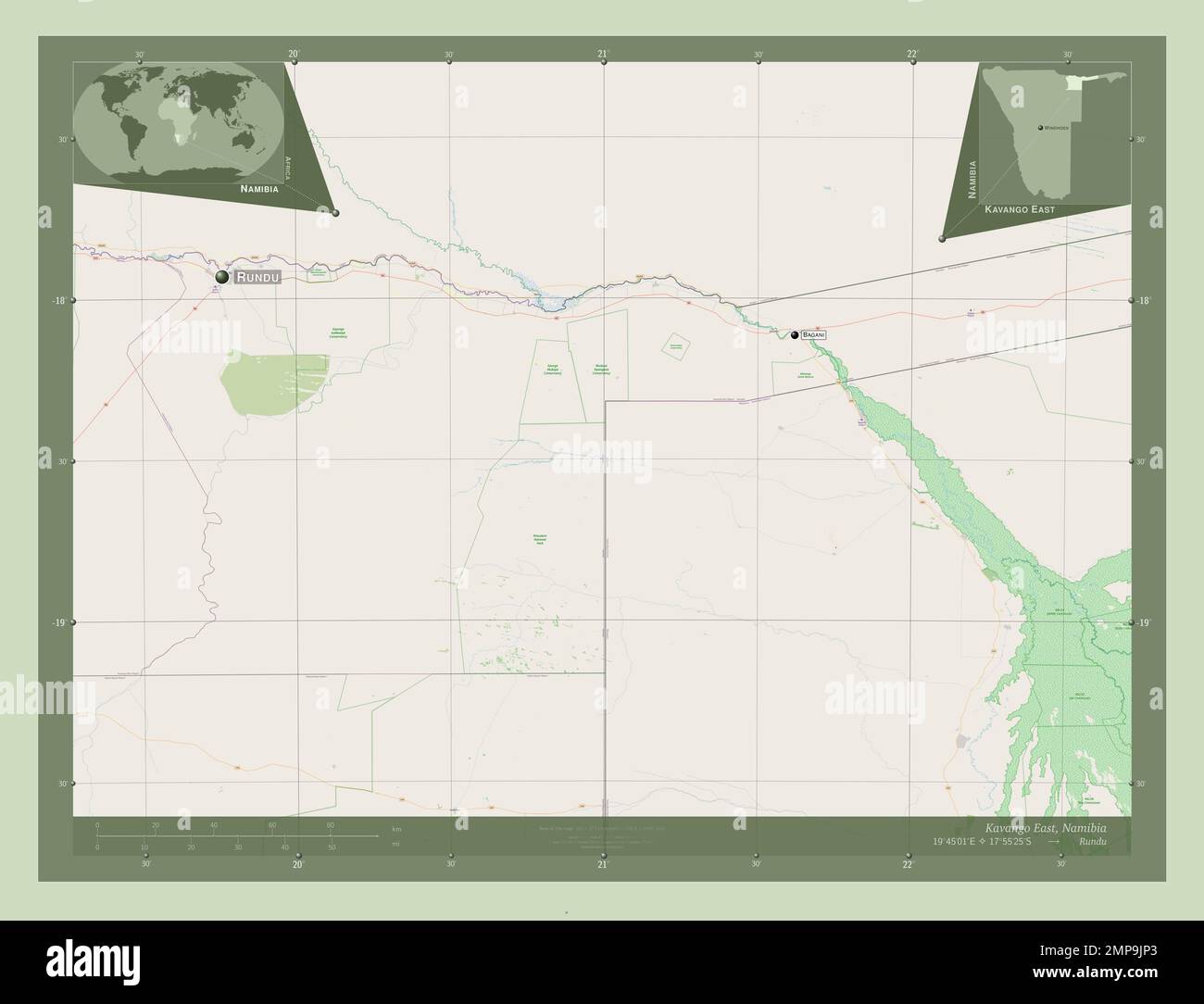 Kavango East, region of Namibia. Open Street Map. Locations and names ...