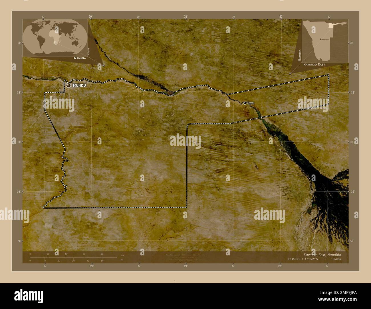 Kavango East, region of Namibia. Low resolution satellite map ...