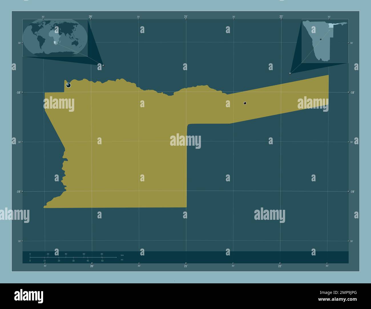 Kavango East, region of Namibia. Solid color shape. Locations of major ...