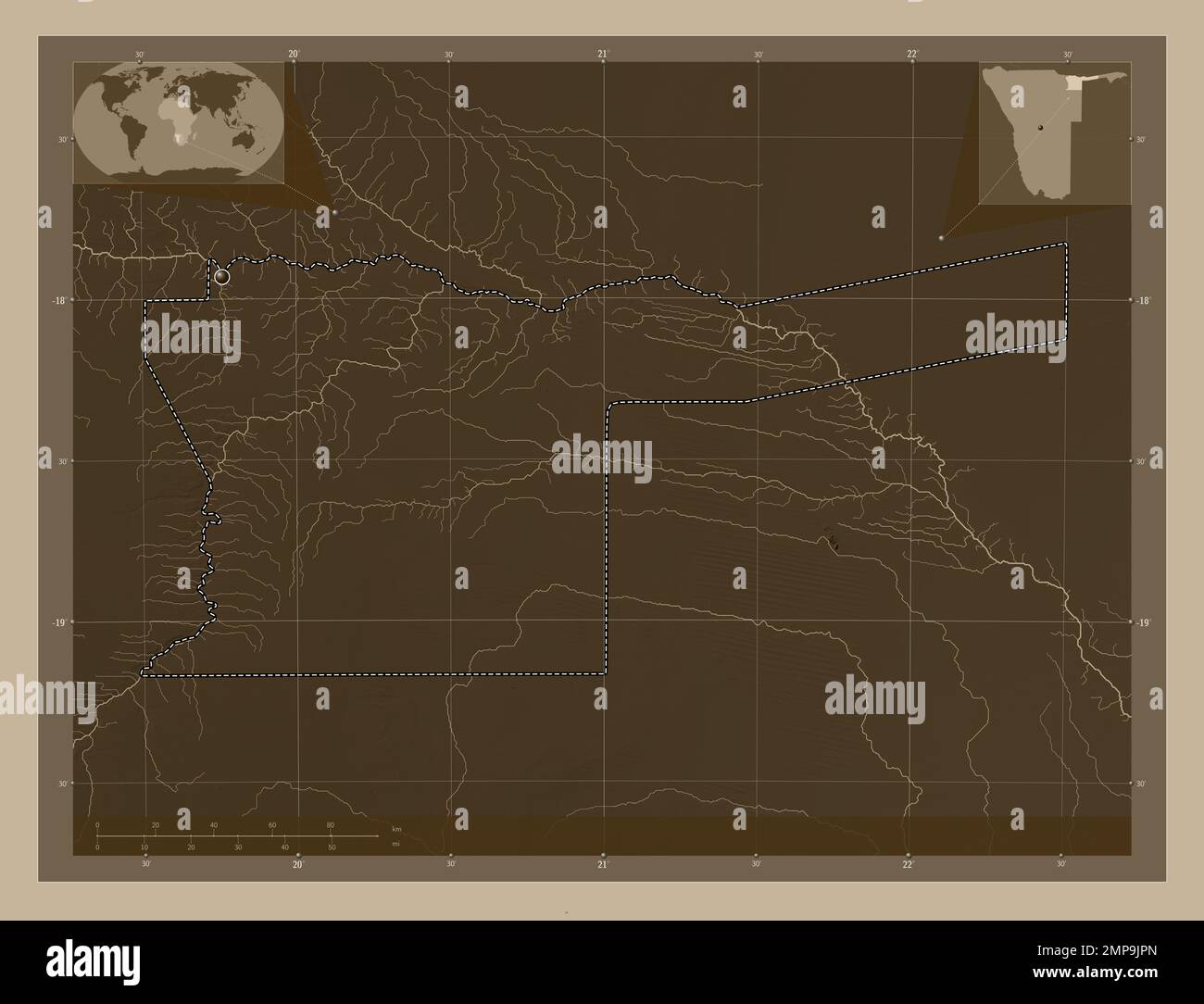 Kavango East, region of Namibia. Elevation map colored in sepia tones ...