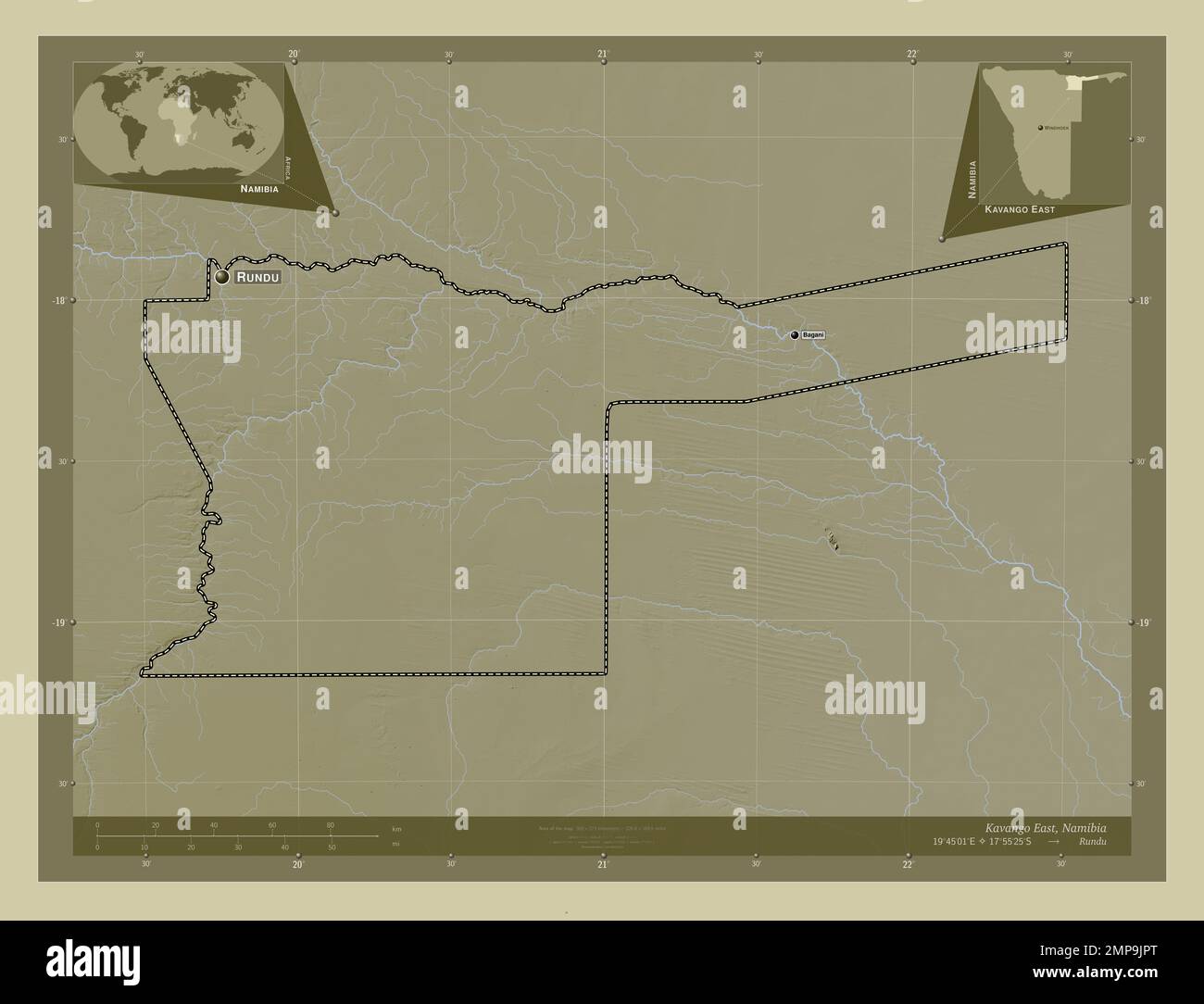Kavango East, region of Namibia. Elevation map colored in wiki style ...