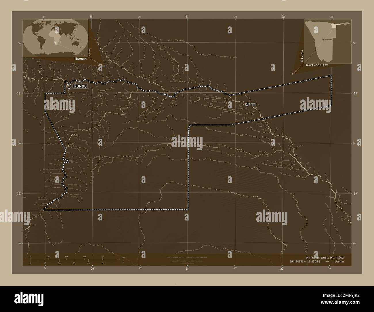 Kavango East, region of Namibia. Elevation map colored in sepia tones ...