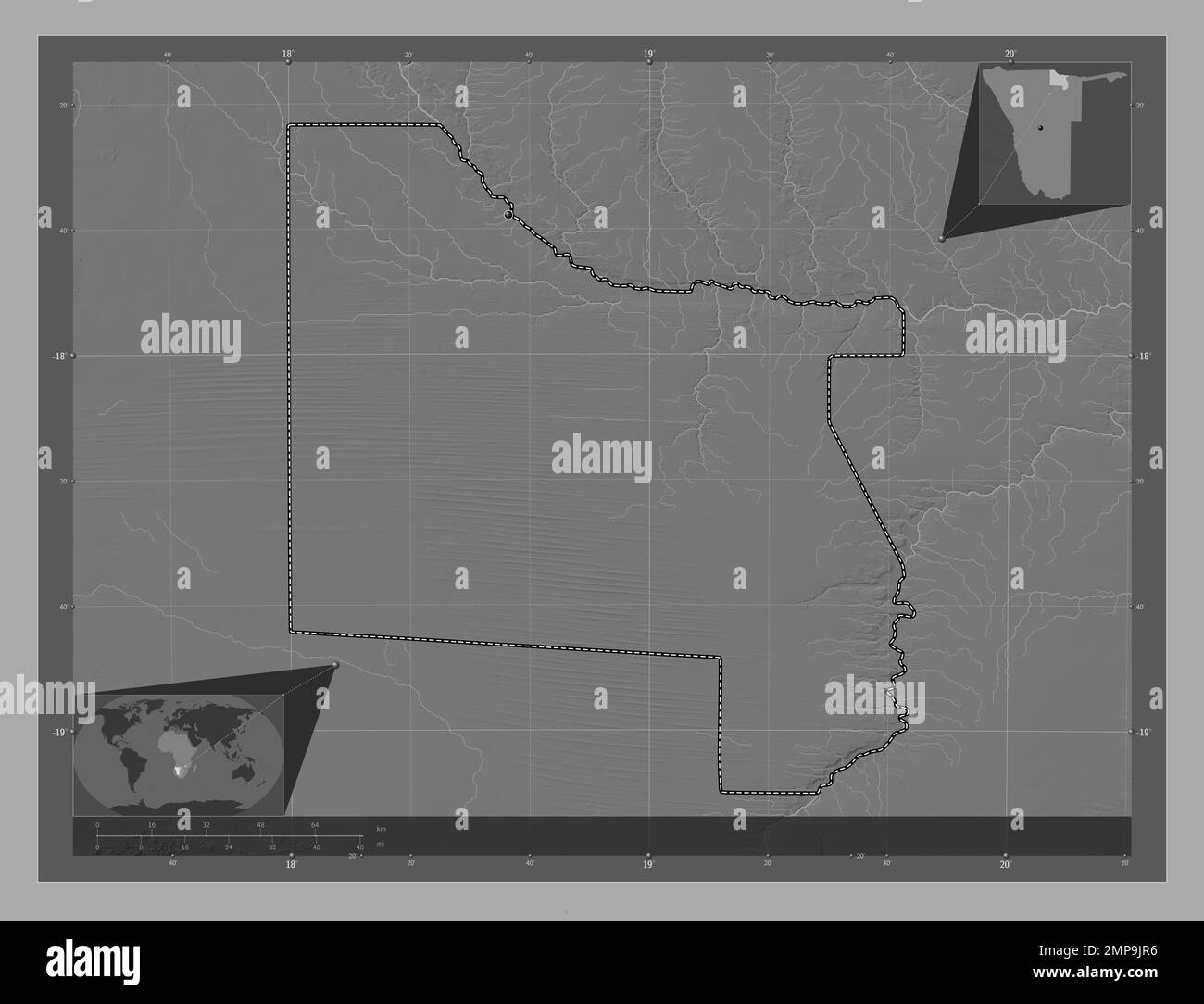 Kavango West, region of Namibia. Bilevel elevation map with lakes and ...