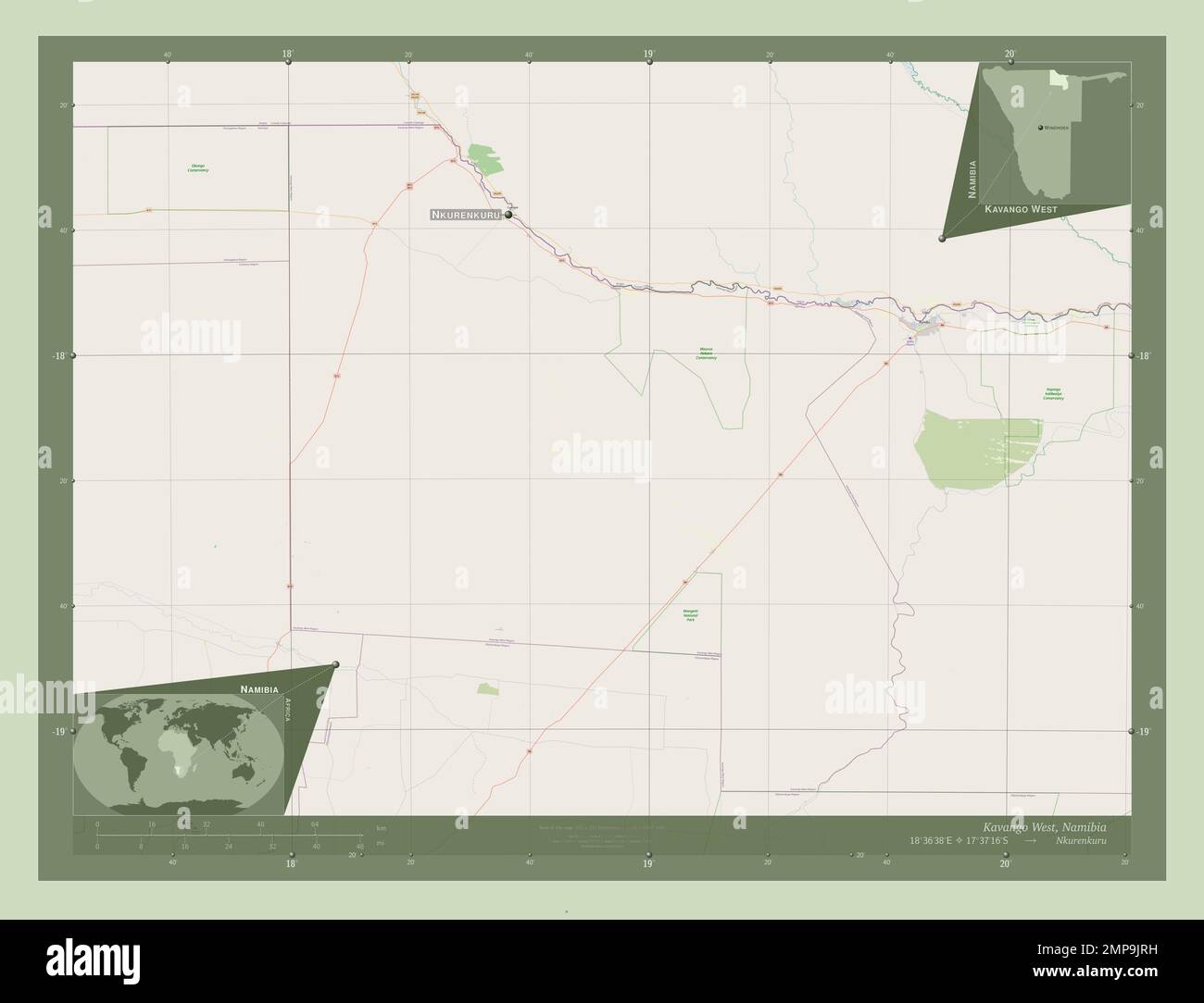 Kavango West, region of Namibia. Open Street Map. Locations and names ...