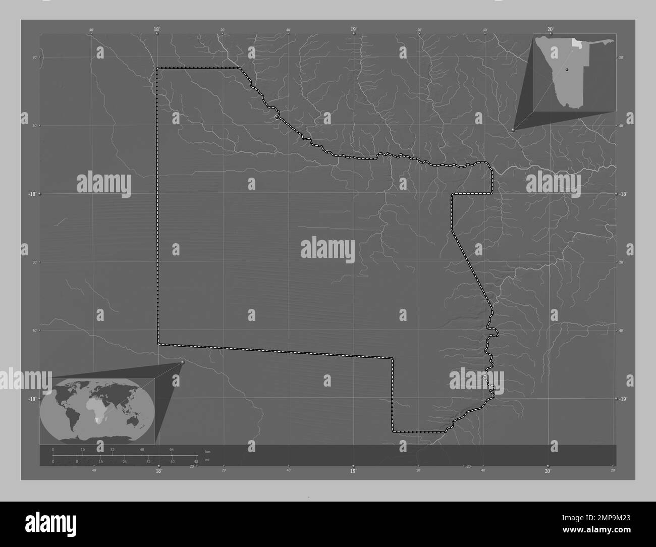 Kavango West, region of Namibia. Grayscale elevation map with lakes and ...
