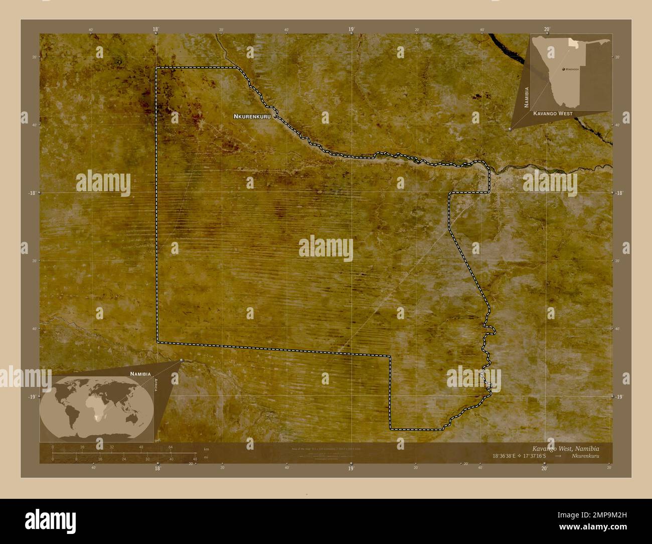 Kavango West, region of Namibia. Low resolution satellite map ...