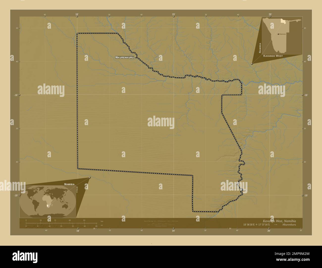 Kavango West, region of Namibia. Colored elevation map with lakes and ...