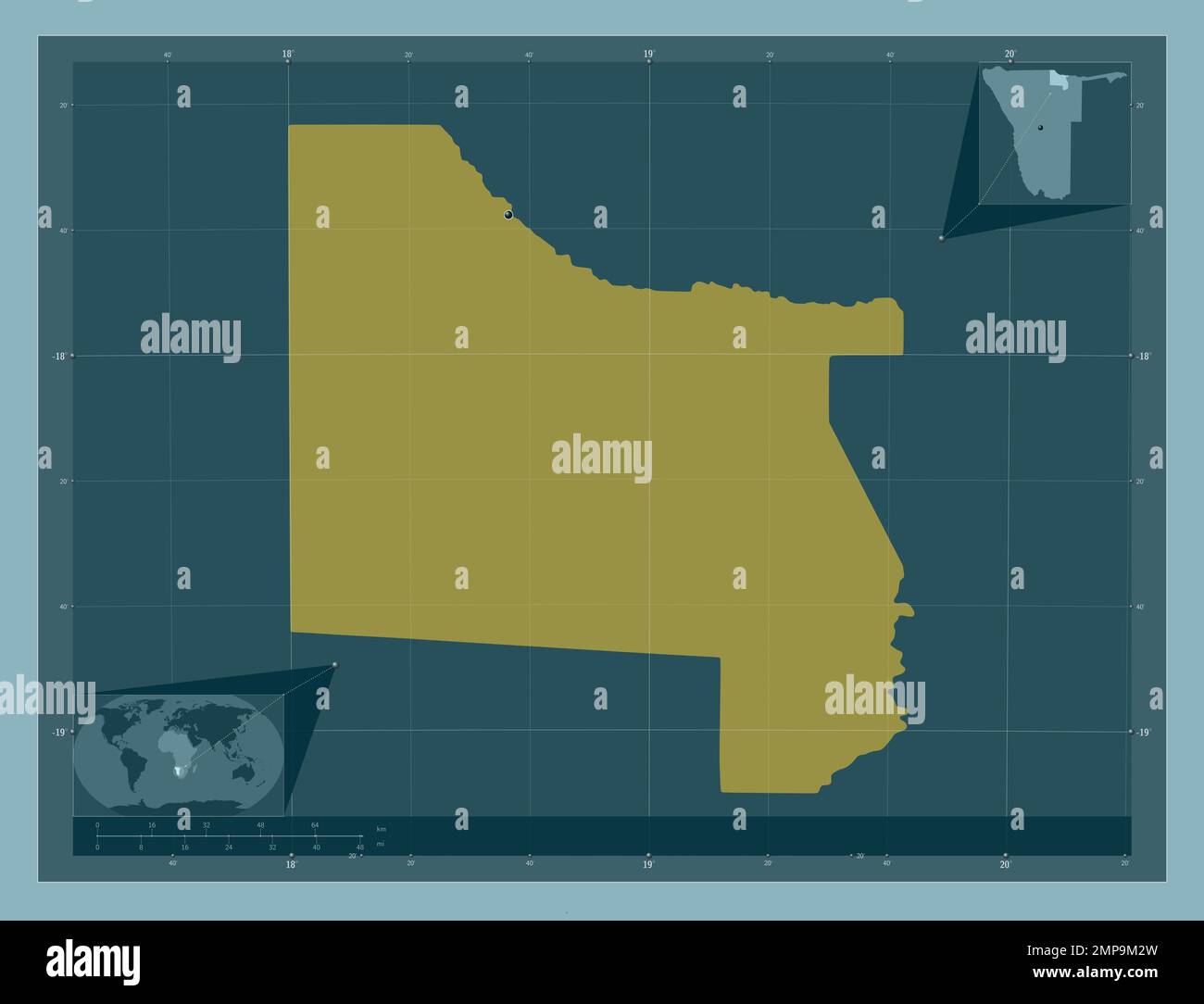 Kavango West, region of Namibia. Solid color shape. Locations of major ...