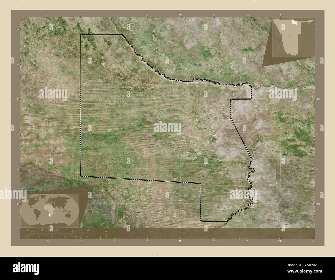 Kavango West, region of Namibia. High resolution satellite map. Corner ...