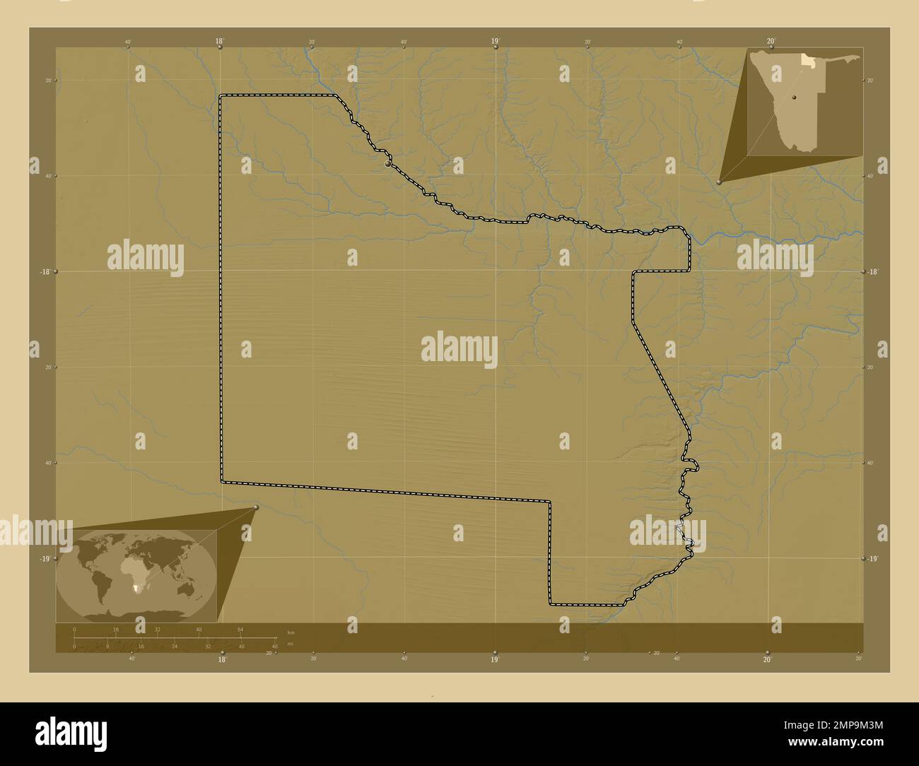 Kavango West, region of Namibia. Colored elevation map with lakes and ...