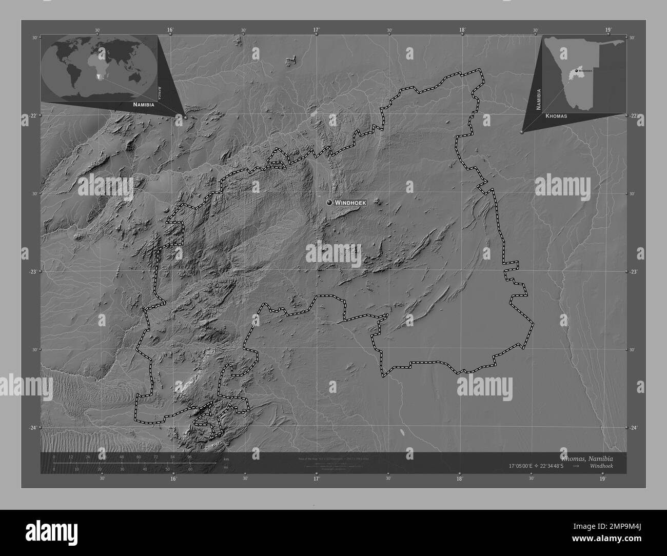 Khomas, region of Namibia. Bilevel elevation map with lakes and rivers ...