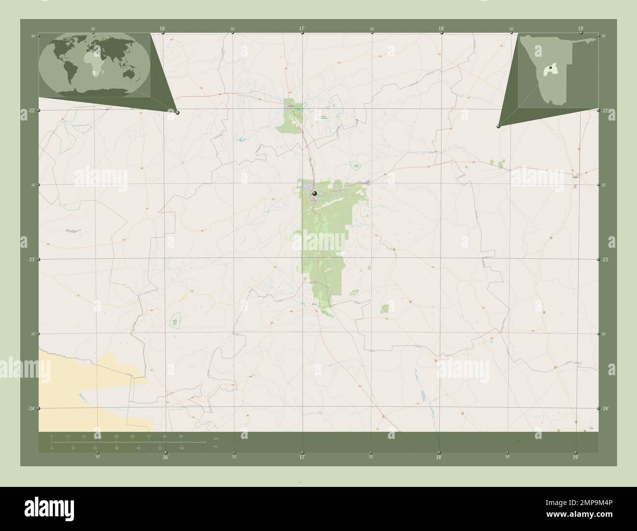 Khomas, region of Namibia. Open Street Map. Corner auxiliary location ...