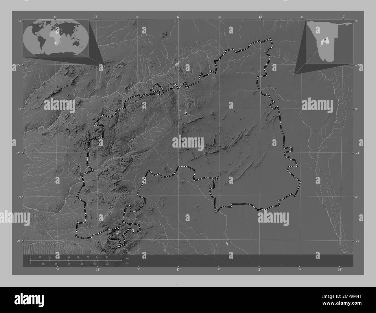 Khomas, region of Namibia. Grayscale elevation map with lakes and ...