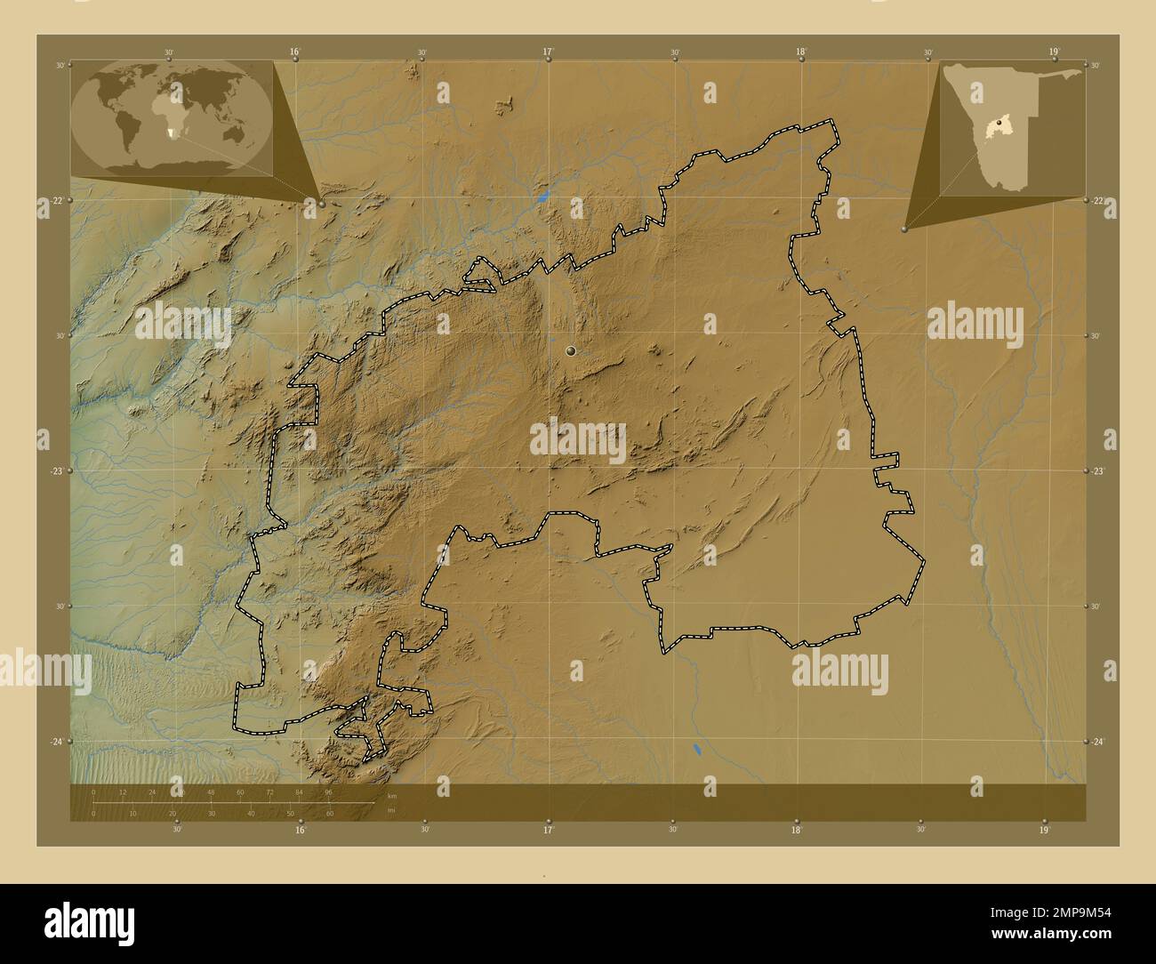 Khomas, region of Namibia. Colored elevation map with lakes and rivers ...