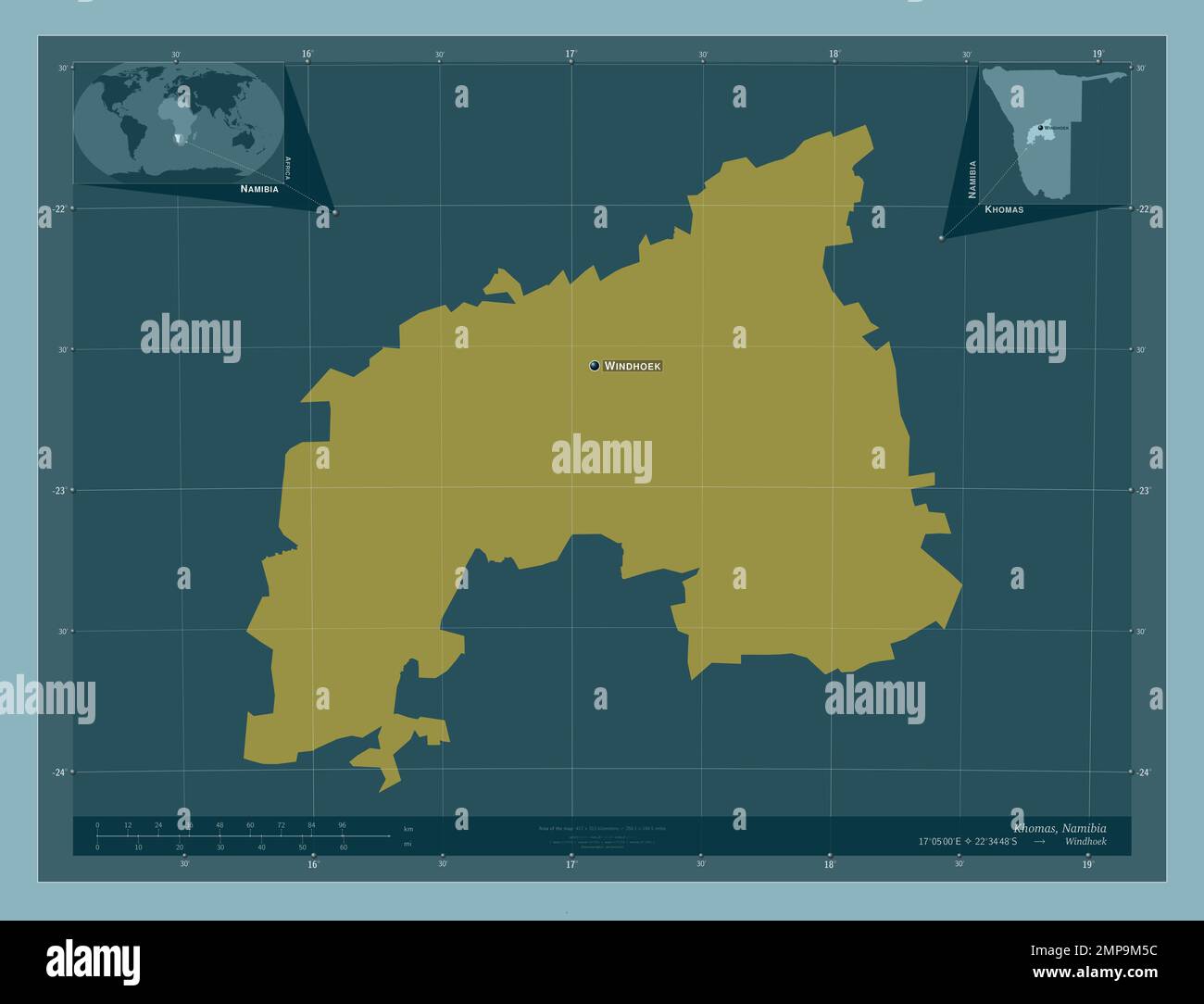 Khomas, region of Namibia. Solid color shape. Locations and names of ...