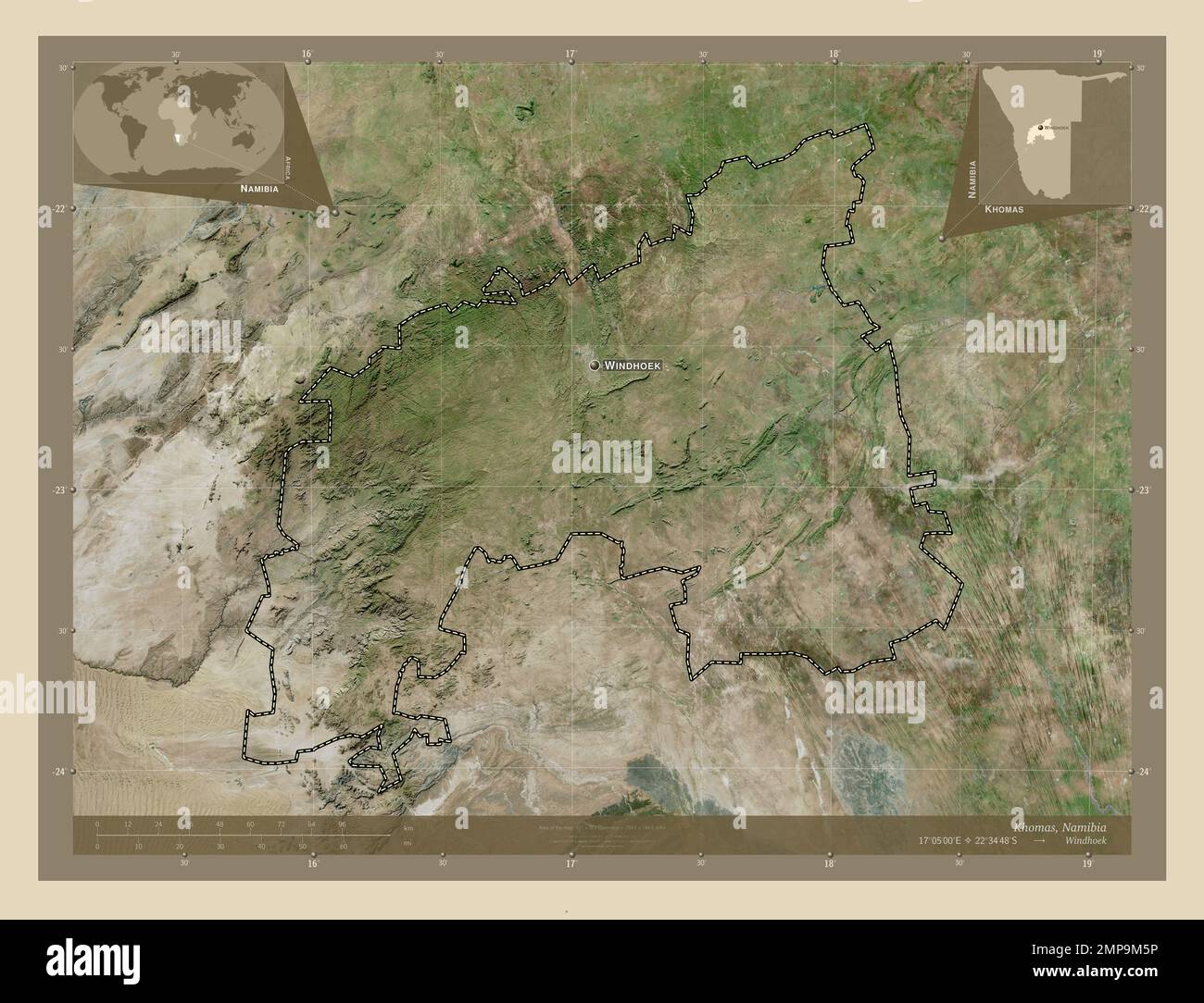 Khomas, region of Namibia. High resolution satellite map. Locations and ...