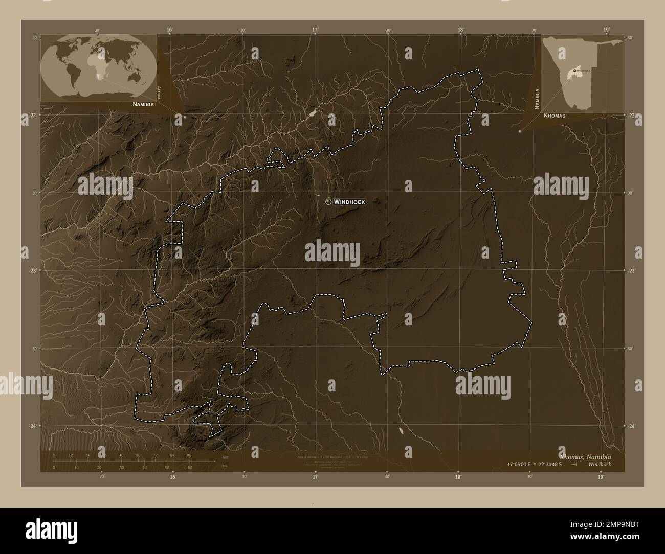 Khomas, region of Namibia. Elevation map colored in sepia tones with ...