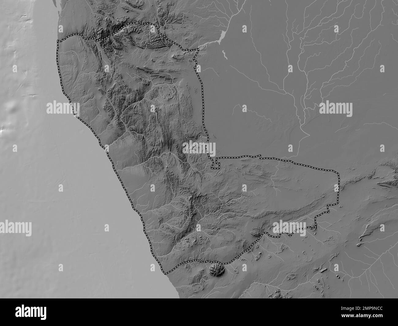 Kunene, region of Namibia. Bilevel elevation map with lakes and rivers ...