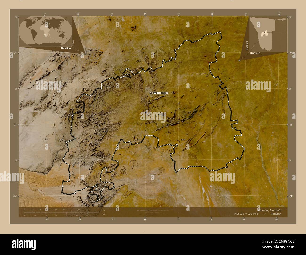 Khomas, region of Namibia. Low resolution satellite map. Locations and ...