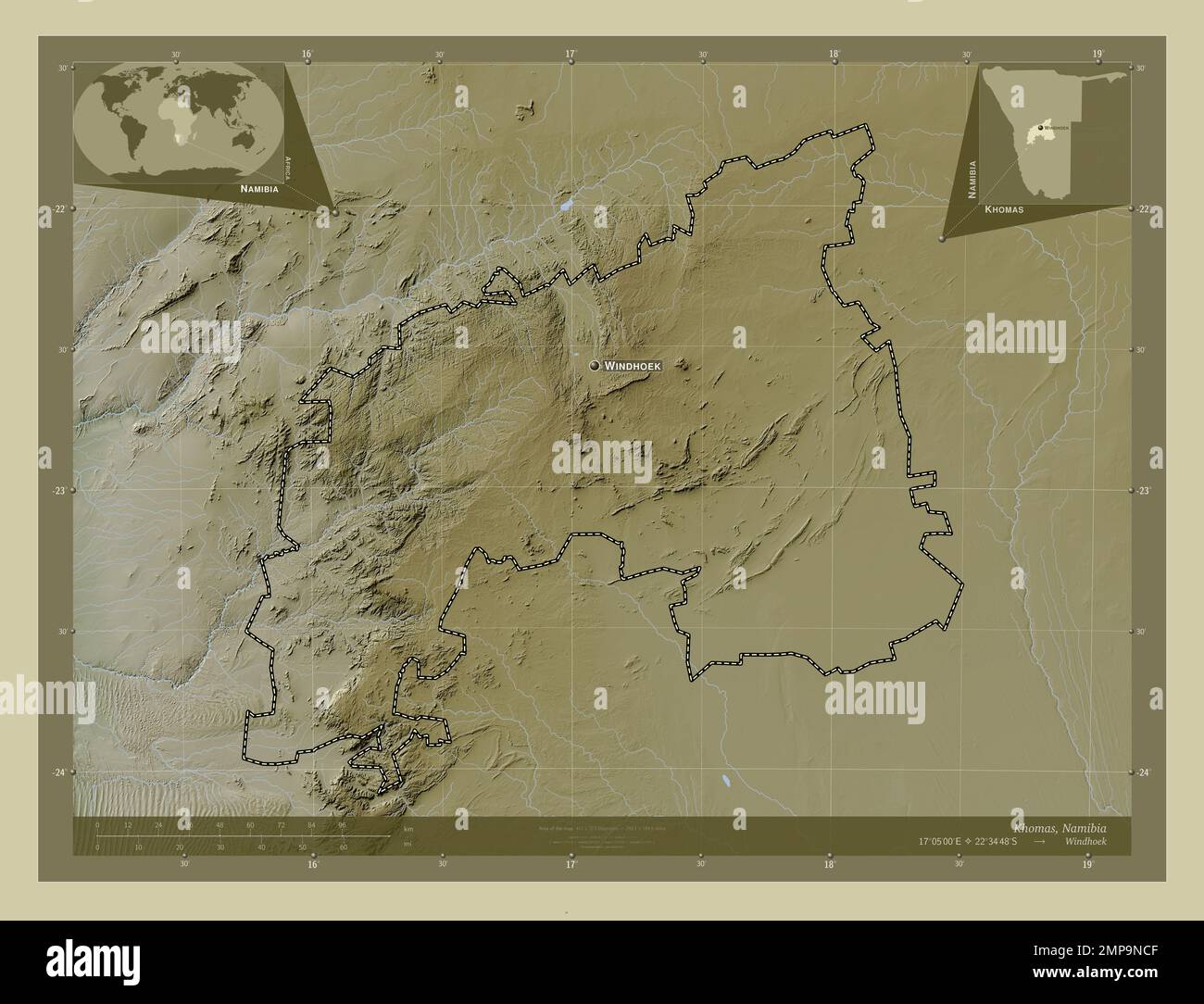 Khomas, region of Namibia. Elevation map colored in wiki style with ...