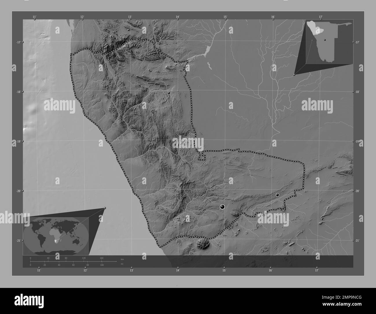 Kunene, region of Namibia. Bilevel elevation map with lakes and rivers ...