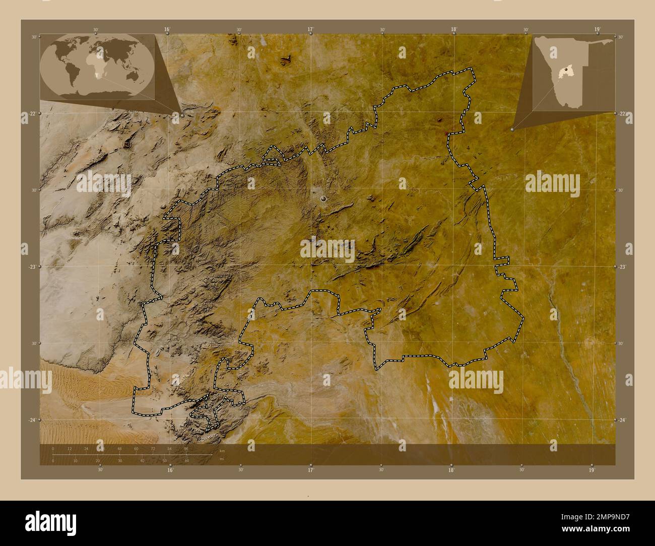 Khomas, region of Namibia. Low resolution satellite map. Locations of ...