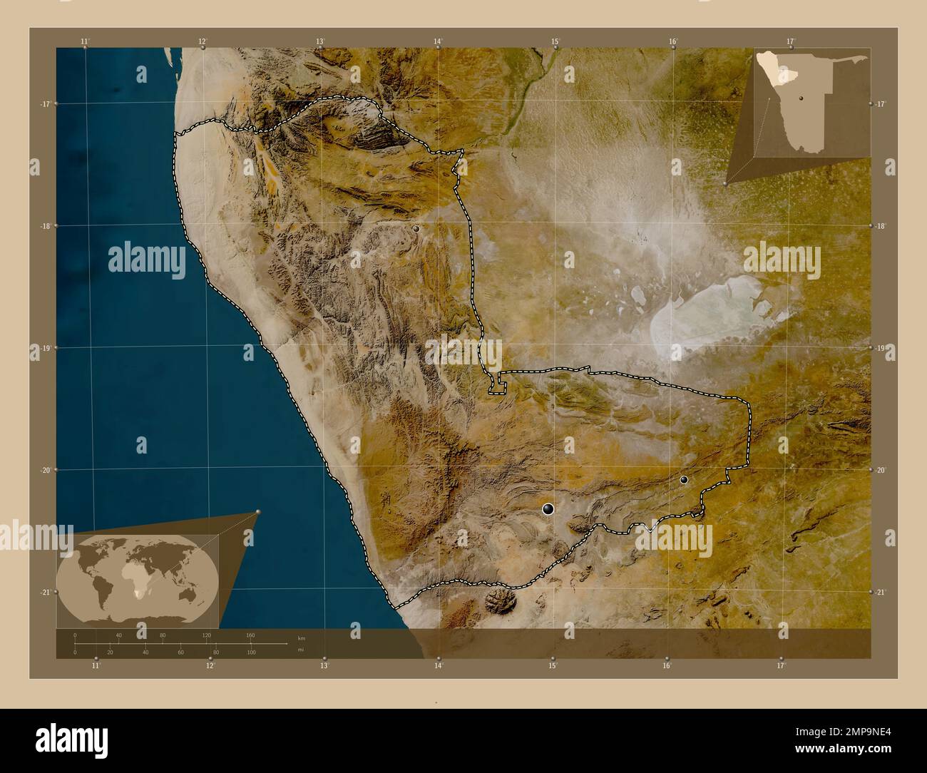 Kunene, region of Namibia. Low resolution satellite map. Locations of ...