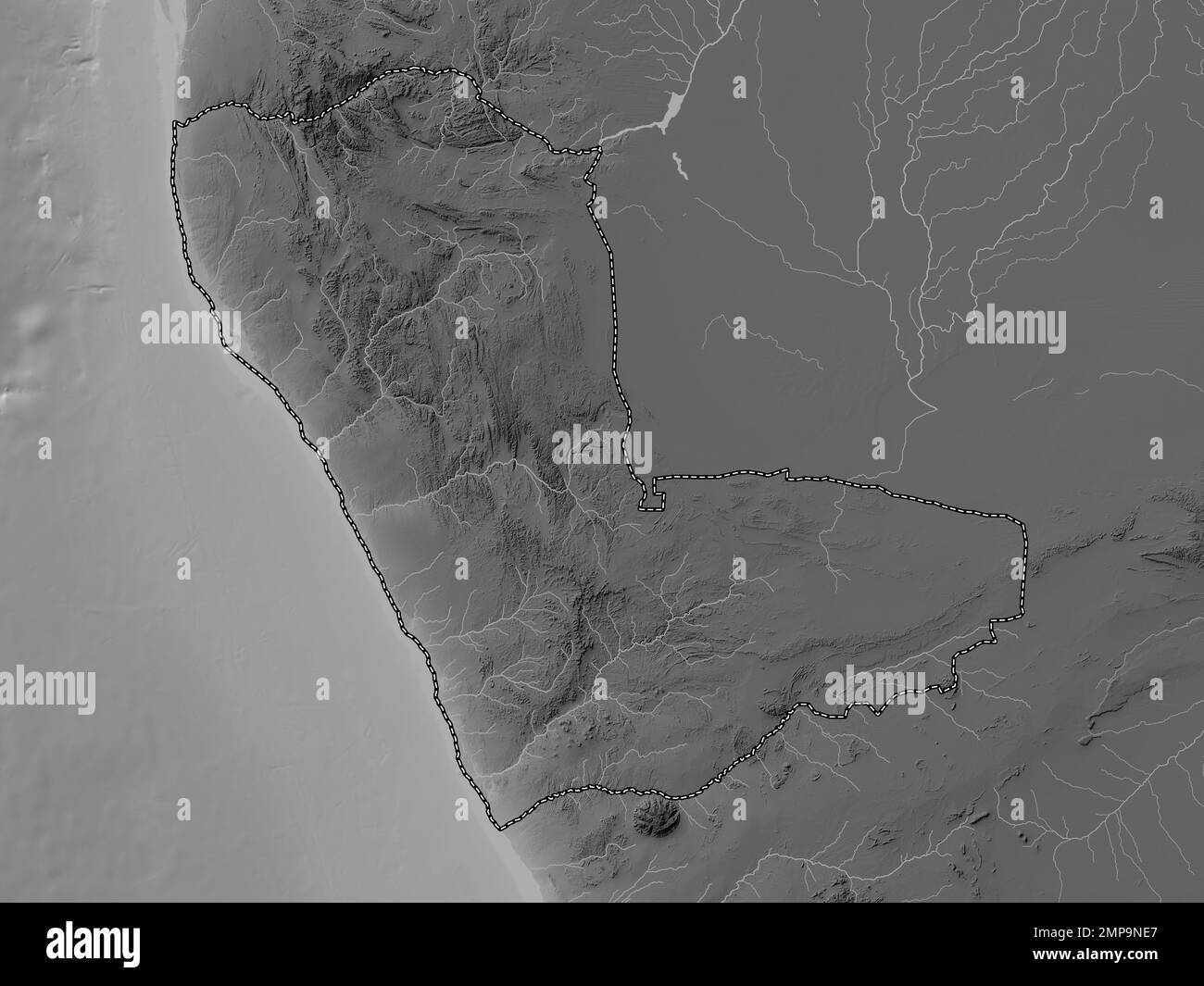 Kunene, region of Namibia. Grayscale elevation map with lakes and ...