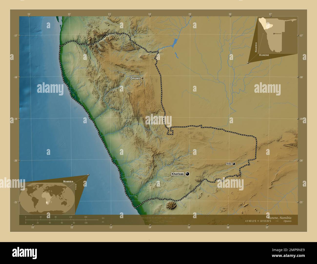 Kunene, region of Namibia. Colored elevation map with lakes and rivers ...