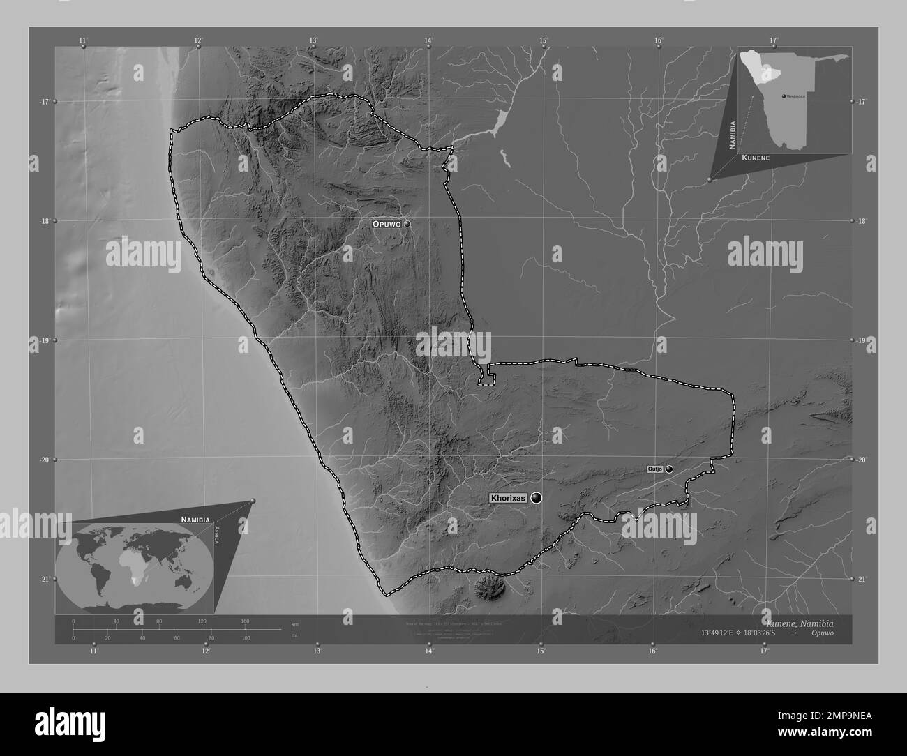 Kunene, region of Namibia. Grayscale elevation map with lakes and ...