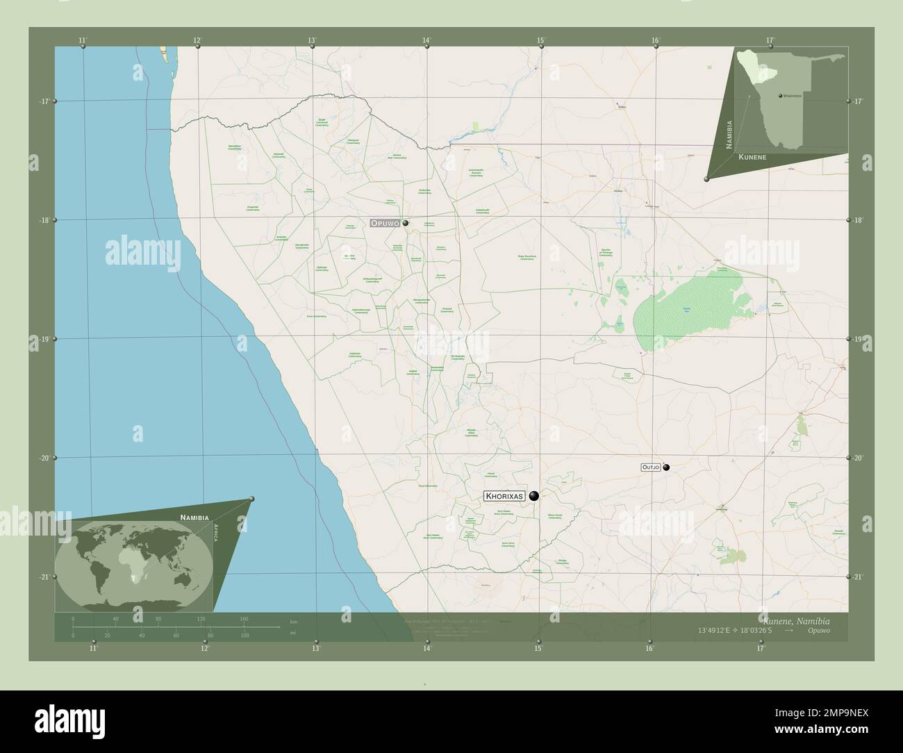 Kunene, region of Namibia. Open Street Map. Locations and names of ...