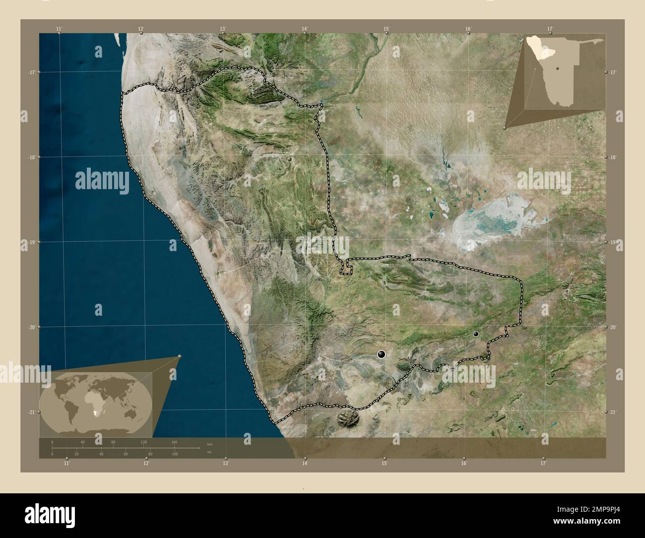 Kunene, region of Namibia. High resolution satellite map. Locations of major cities of the ...