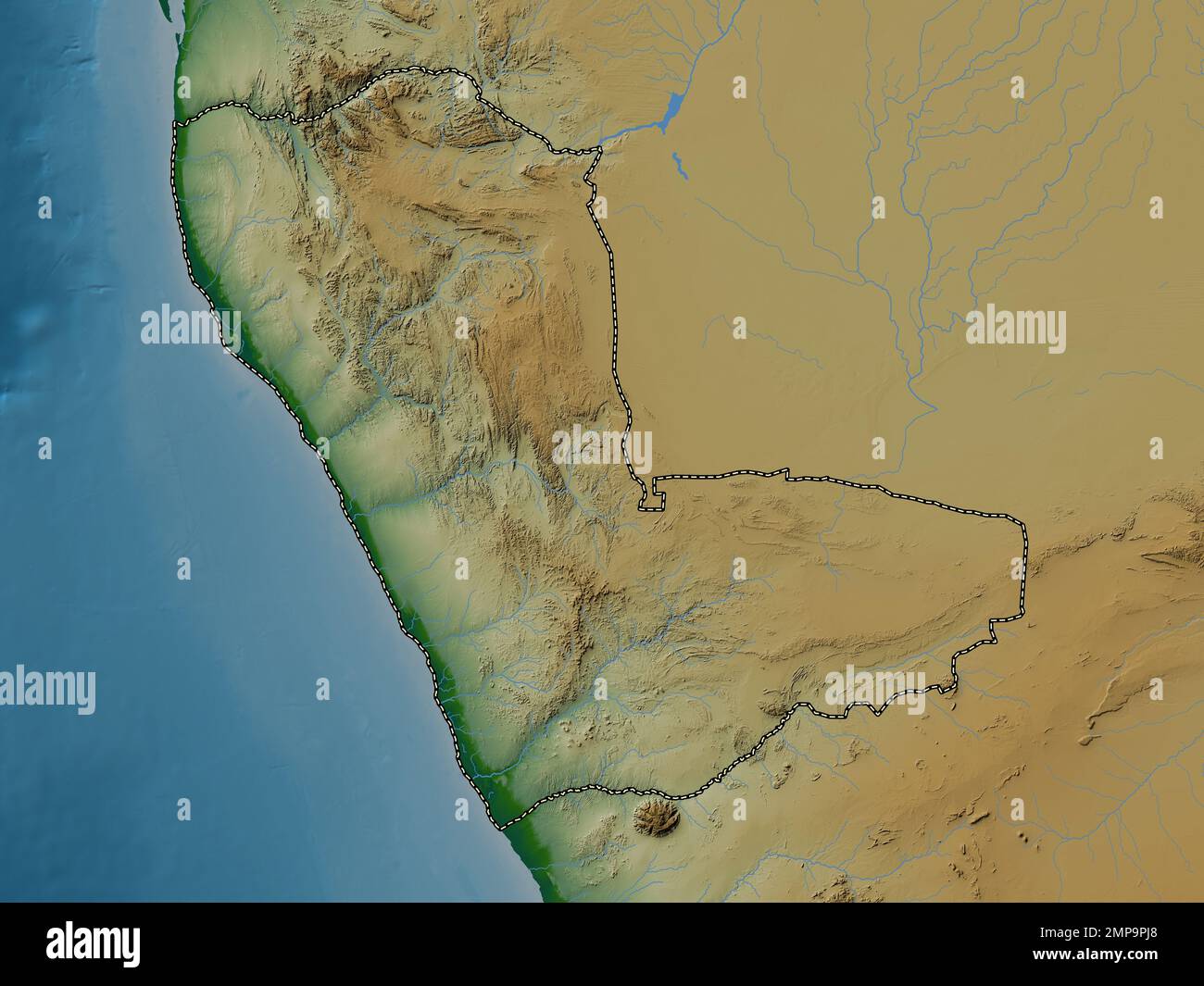 Kunene, region of Namibia. Colored elevation map with lakes and rivers ...