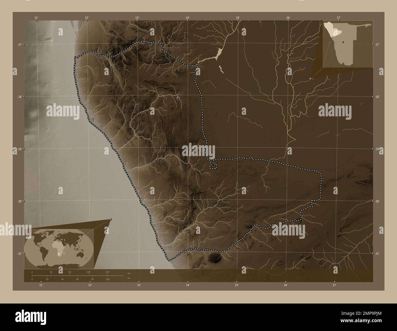 Kunene, region of Namibia. Elevation map colored in sepia tones with ...