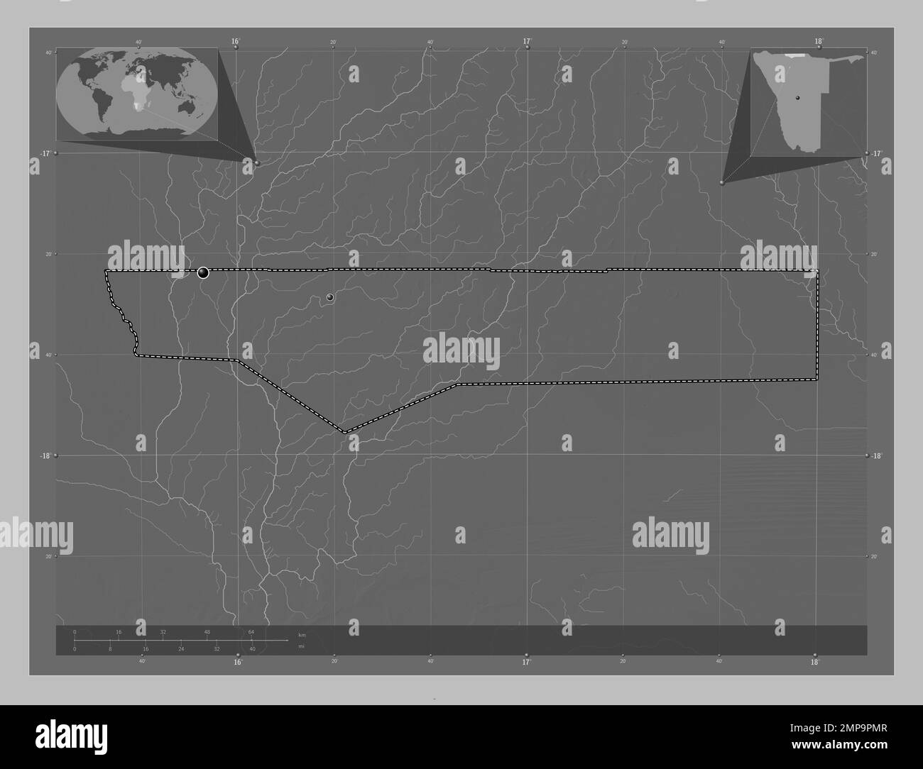 Ohangwena, region of Namibia. Grayscale elevation map with lakes and ...