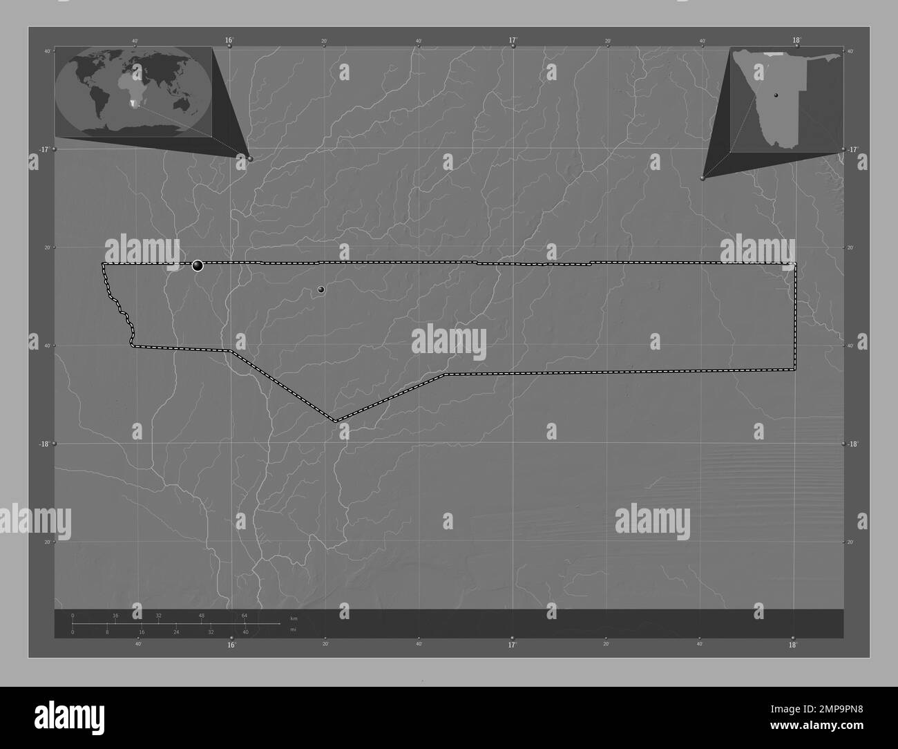 Ohangwena, region of Namibia. Bilevel elevation map with lakes and ...