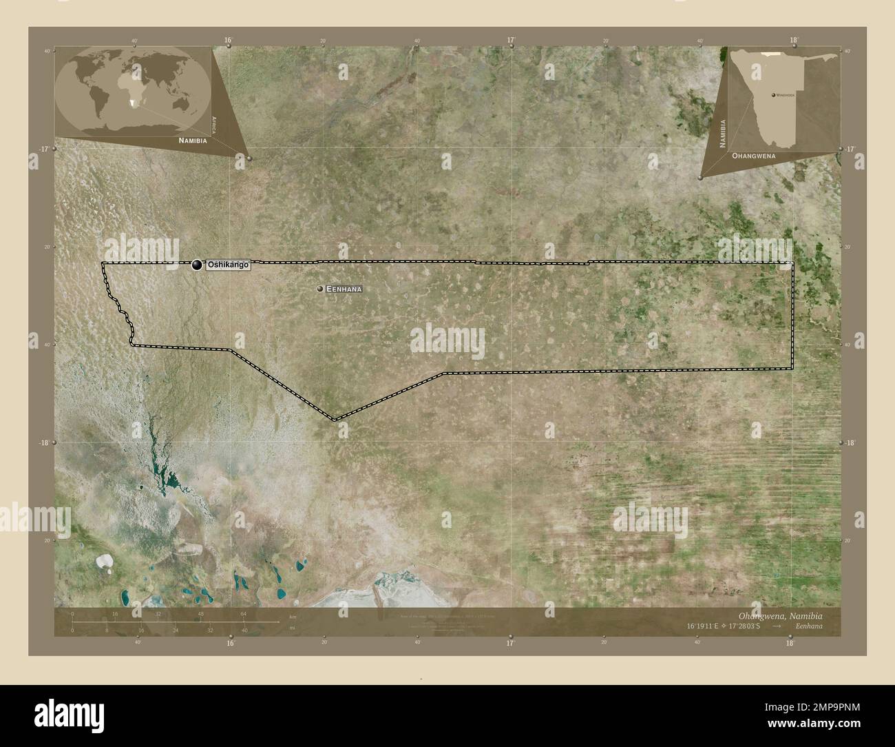 Ohangwena, region of Namibia. High resolution satellite map. Locations ...