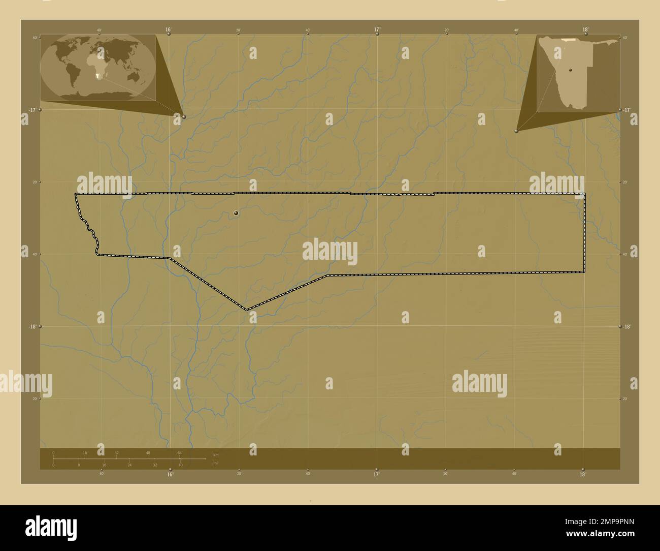 Ohangwena, region of Namibia. Colored elevation map with lakes and ...