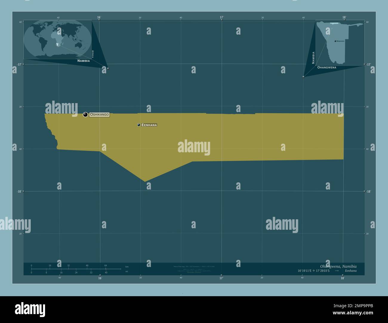 Ohangwena, region of Namibia. Solid color shape. Locations and names of ...