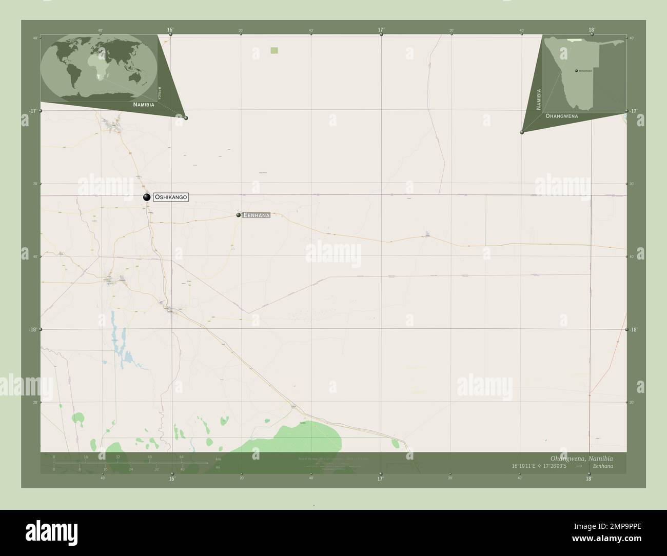 Ohangwena, region of Namibia. Open Street Map. Locations and names of ...