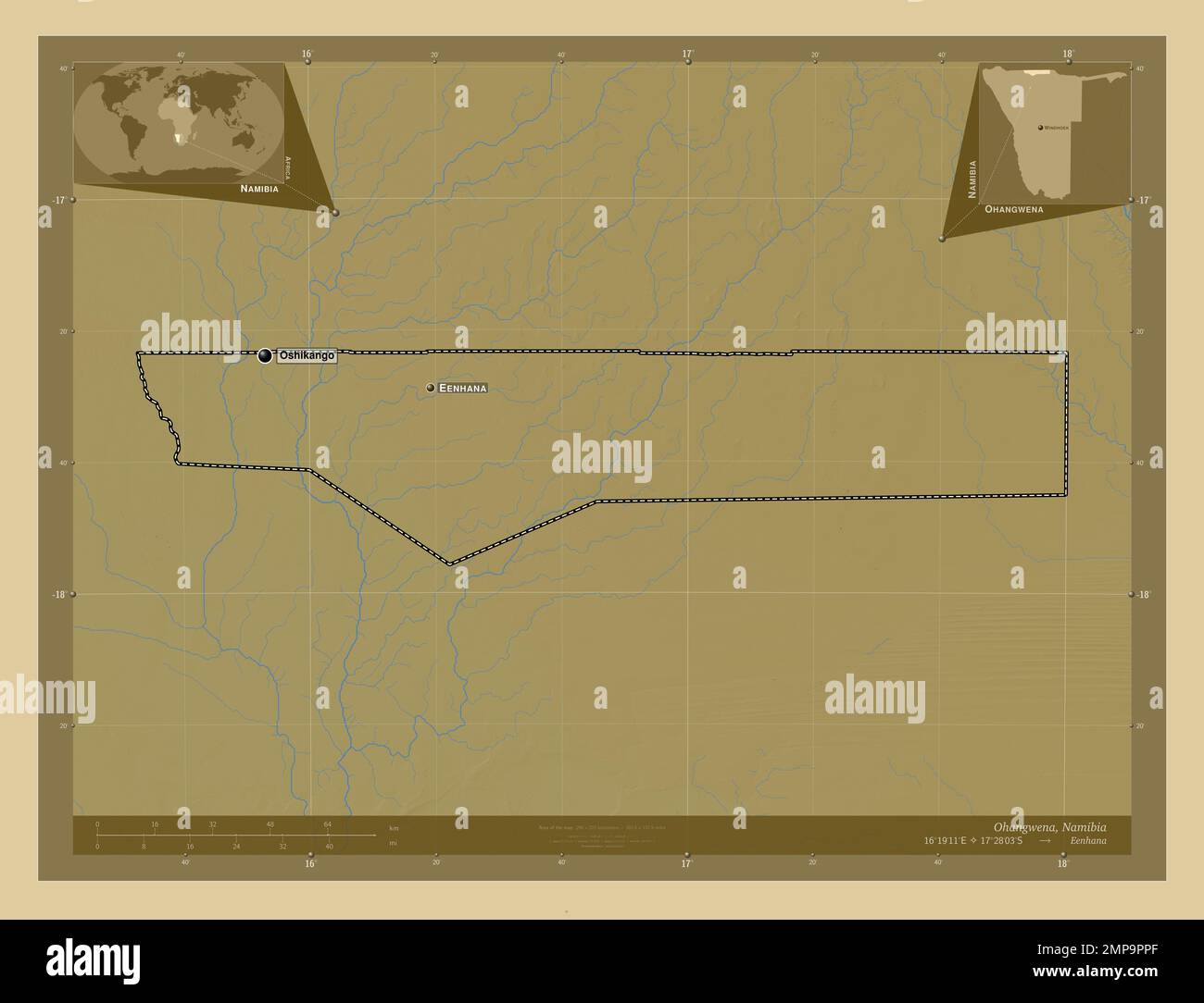Ohangwena, region of Namibia. Colored elevation map with lakes and ...