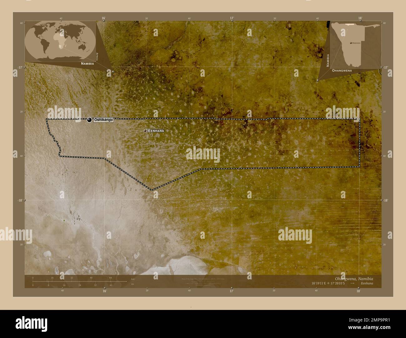 Ohangwena, region of Namibia. Low resolution satellite map. Locations ...