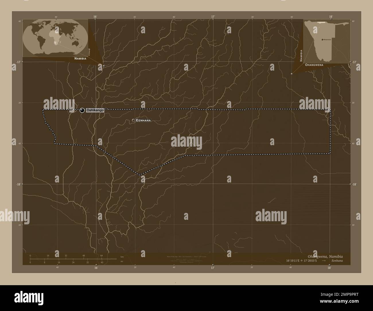 Ohangwena, region of Namibia. Elevation map colored in sepia tones with ...