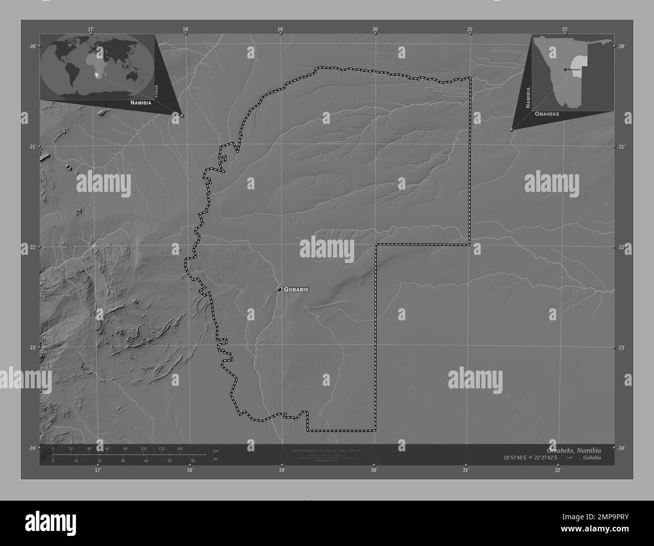 Omaheke, region of Namibia. Bilevel elevation map with lakes and rivers ...