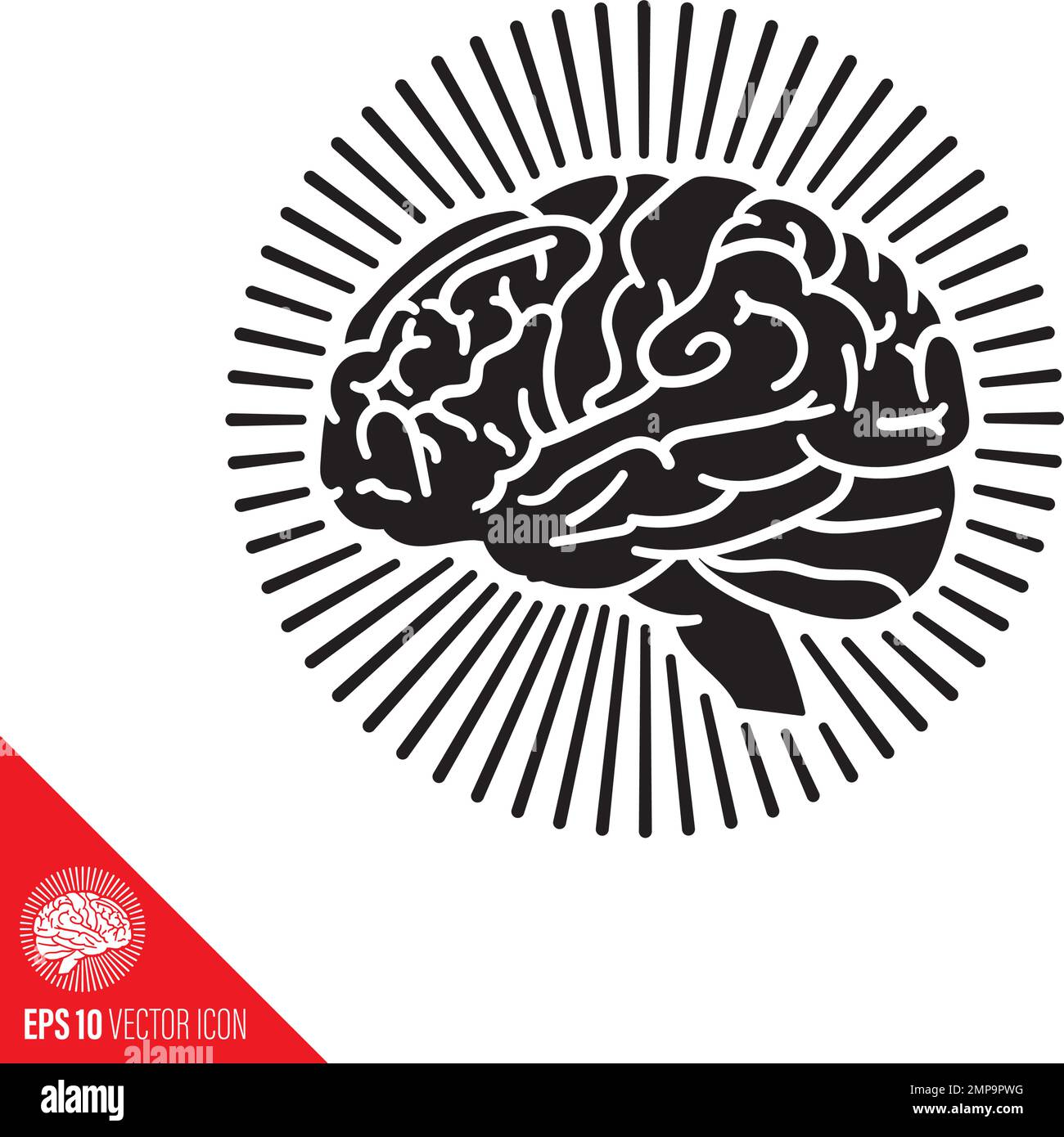 Human brain surrounded by rays vector glyph icon. Dangerous head trauma ...